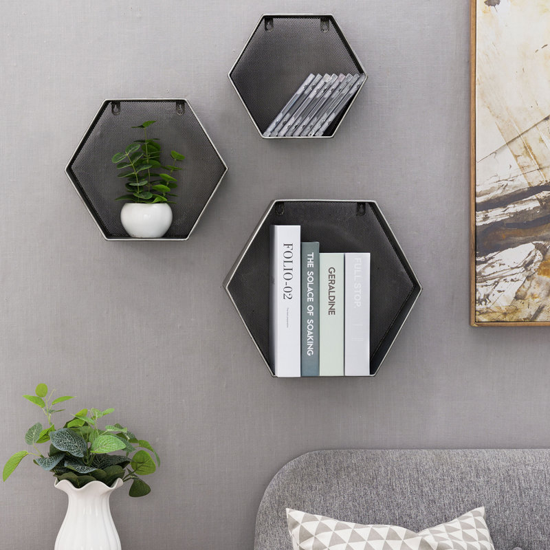Hokku Designs Vrinda Galvanized Metal Hexagon Floating Shelves | Wayfair